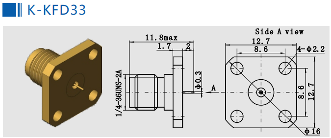 2.92mm RF Coaxial Connector SMK Series Female Straight 2 Holes Flange Brass