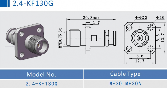 Female 2.4mm RF Connector 4 Holes Flange Mount MMW Cable Connector