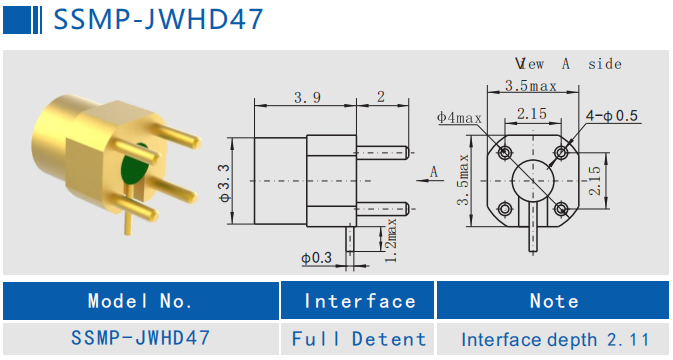 SSMP Male Right Angle Surface Mount RF Connector With Microstrip Smooth Bore