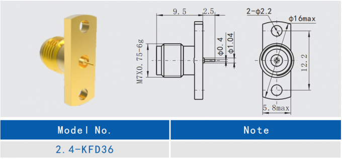 2.4mm 2 Hole Flange Female RF Connector Jack With Cylindrical Contact 0 ...