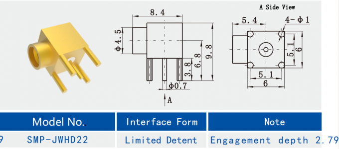 Male PCB Mount SMP RF Connector Limited Detent Right Angle Engagement Depth 2.79