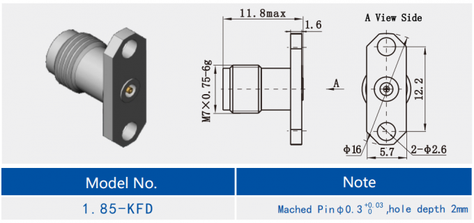 MMW Series 1.85mm Female RF Connector with Microstrip Hole Depth 2mm